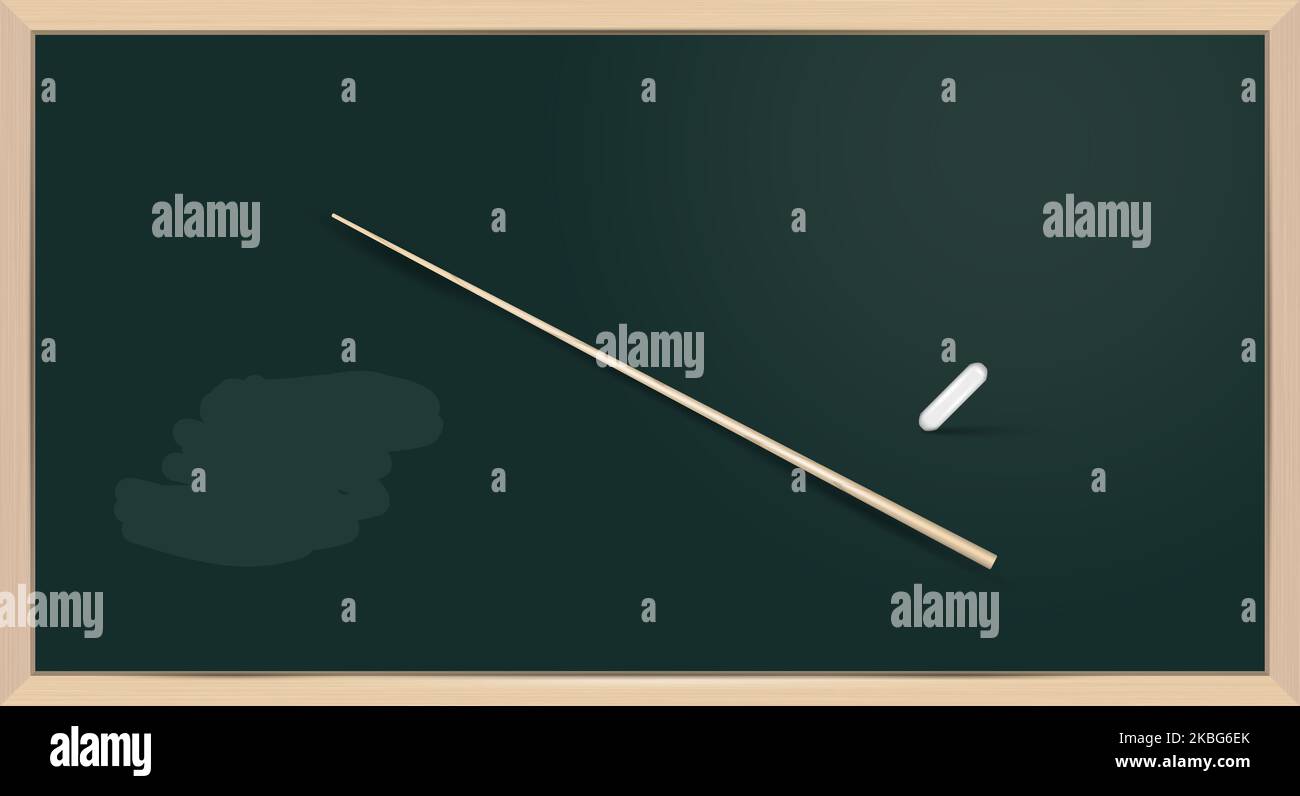 Green dirty chalkboard with chalk and teachers pointer. School board in a wooden frame. 3D ...
