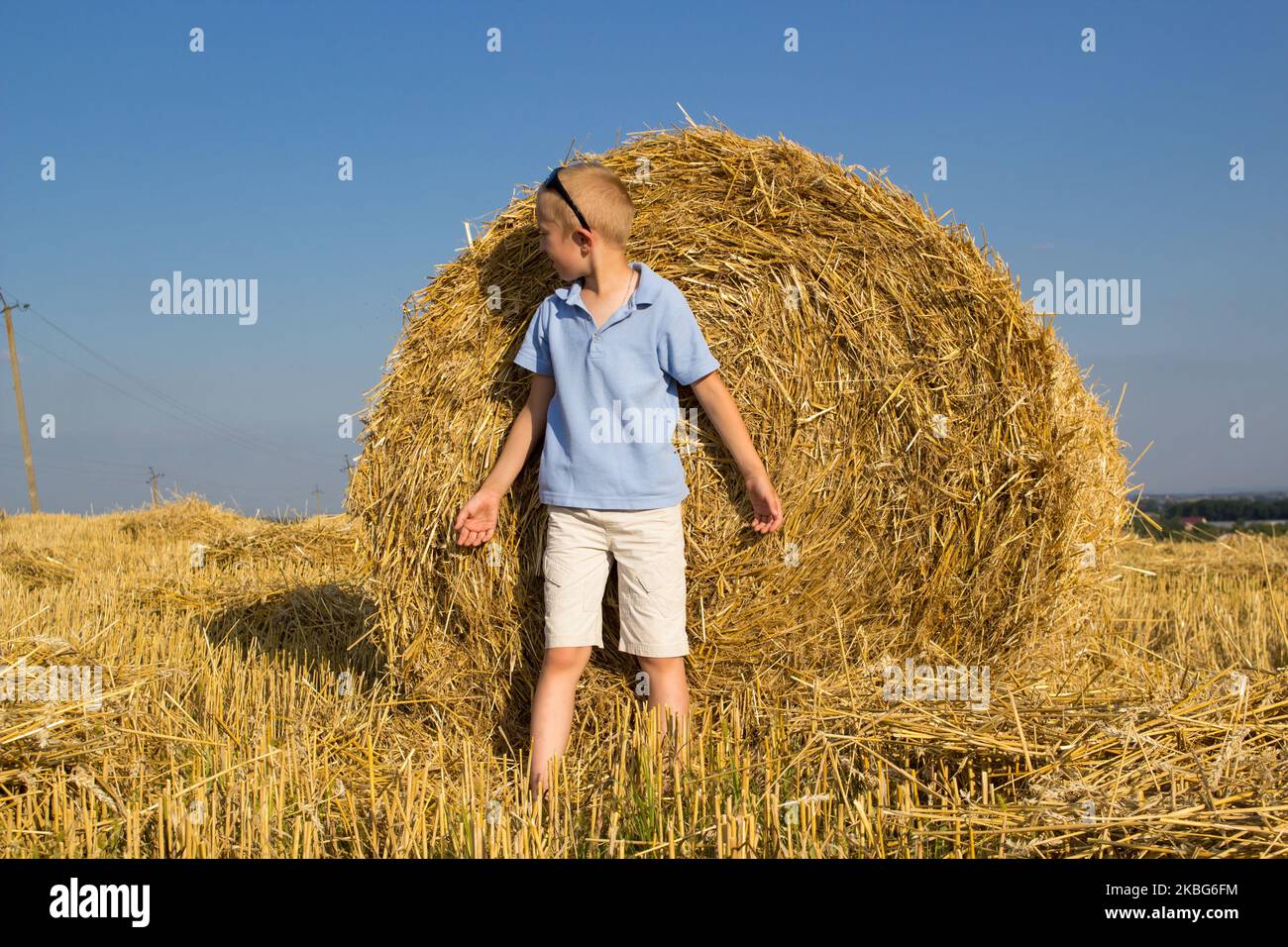A beautiful boy in the field hid behind a bale hay Stock Photo - Alamy