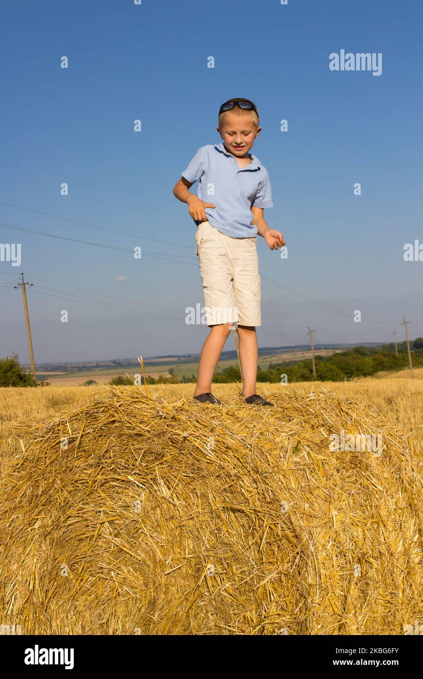 The boy stood on top of the bundles of straw in the field Stock Photo ...
