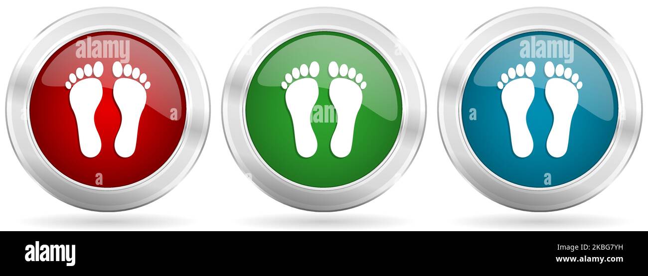 Foot vector icon set. Red, blue and green silver metallic web buttons ...