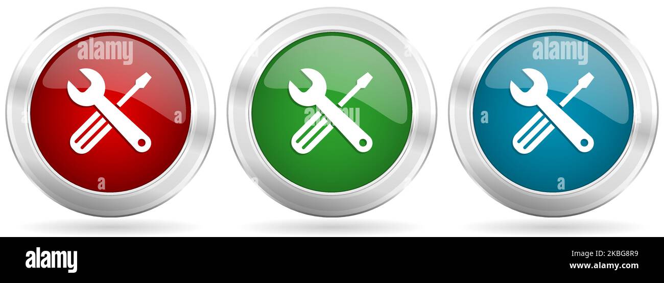 Tools vector icon set. Red, blue and green silver metallic web buttons ...