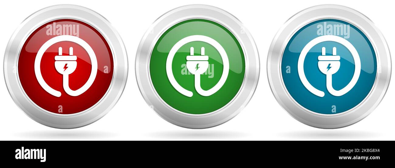 Plug power vector icon set. Red, blue and green silver metallic web ...
