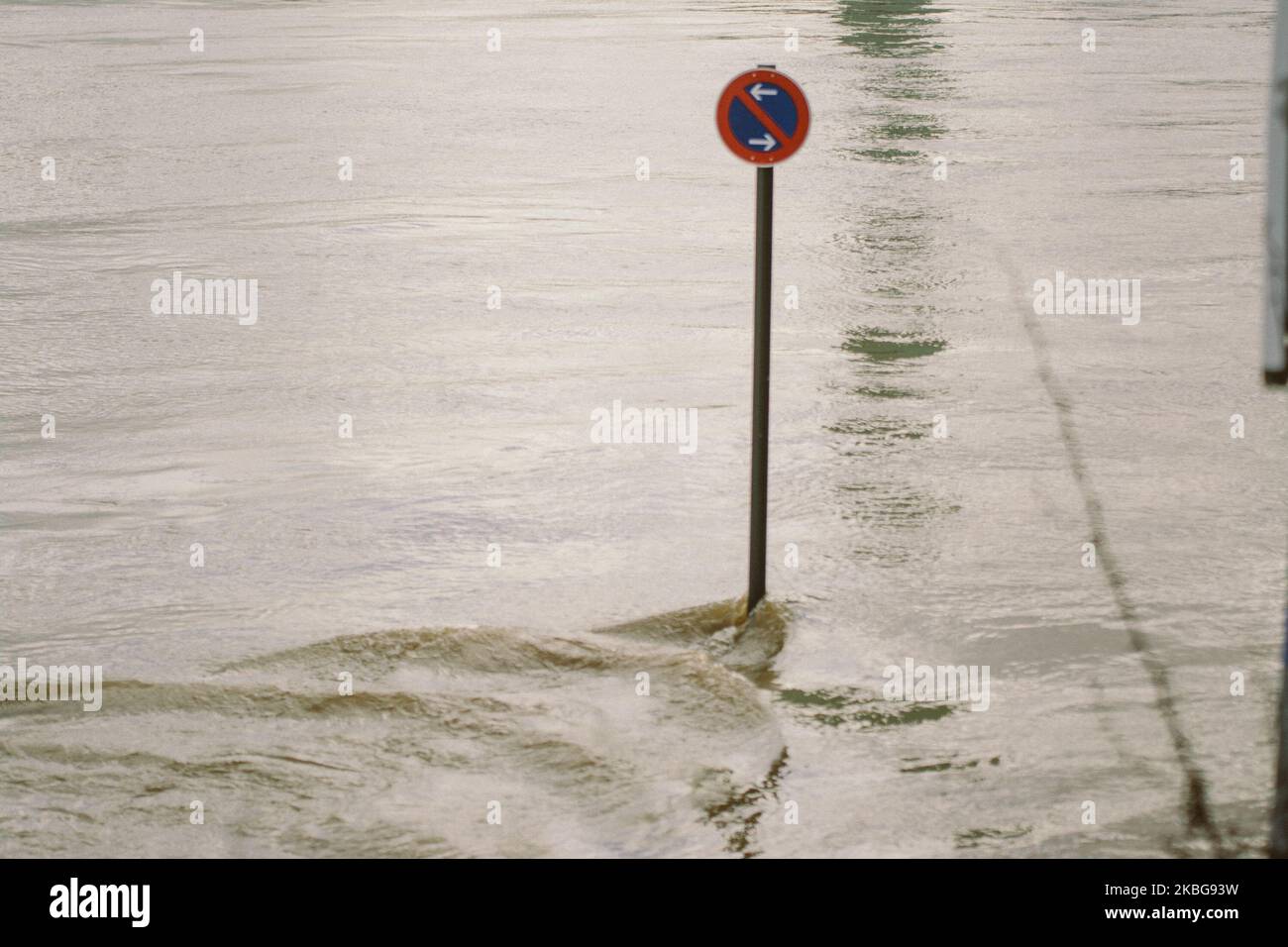 Afloat road signs are seen in Rodenkirchen, in Cologne, Germany, on 5 ...
