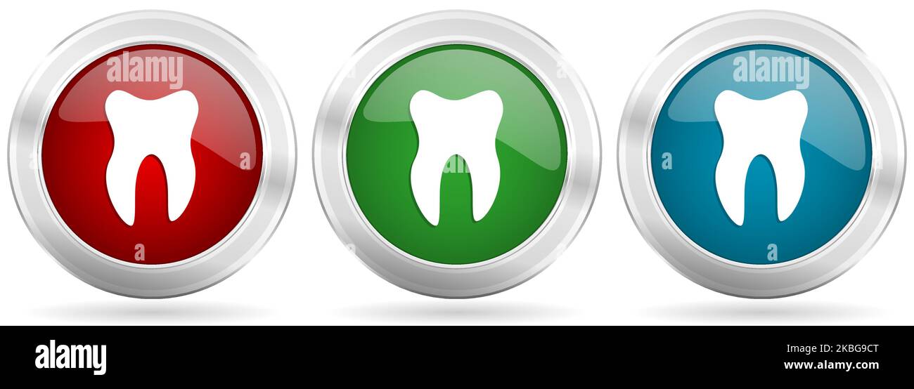 Tooth vector icon set. Red, blue and green silver metallic web buttons ...