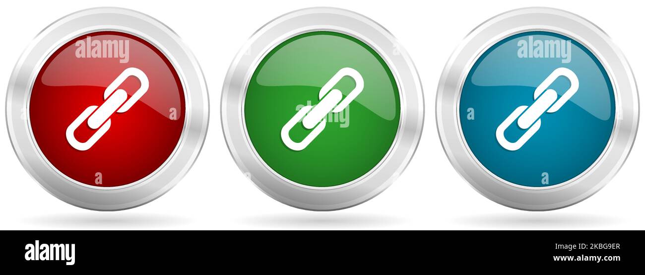 Link vector icon set. Red, blue and green silver metallic web buttons with chrome border Stock ...