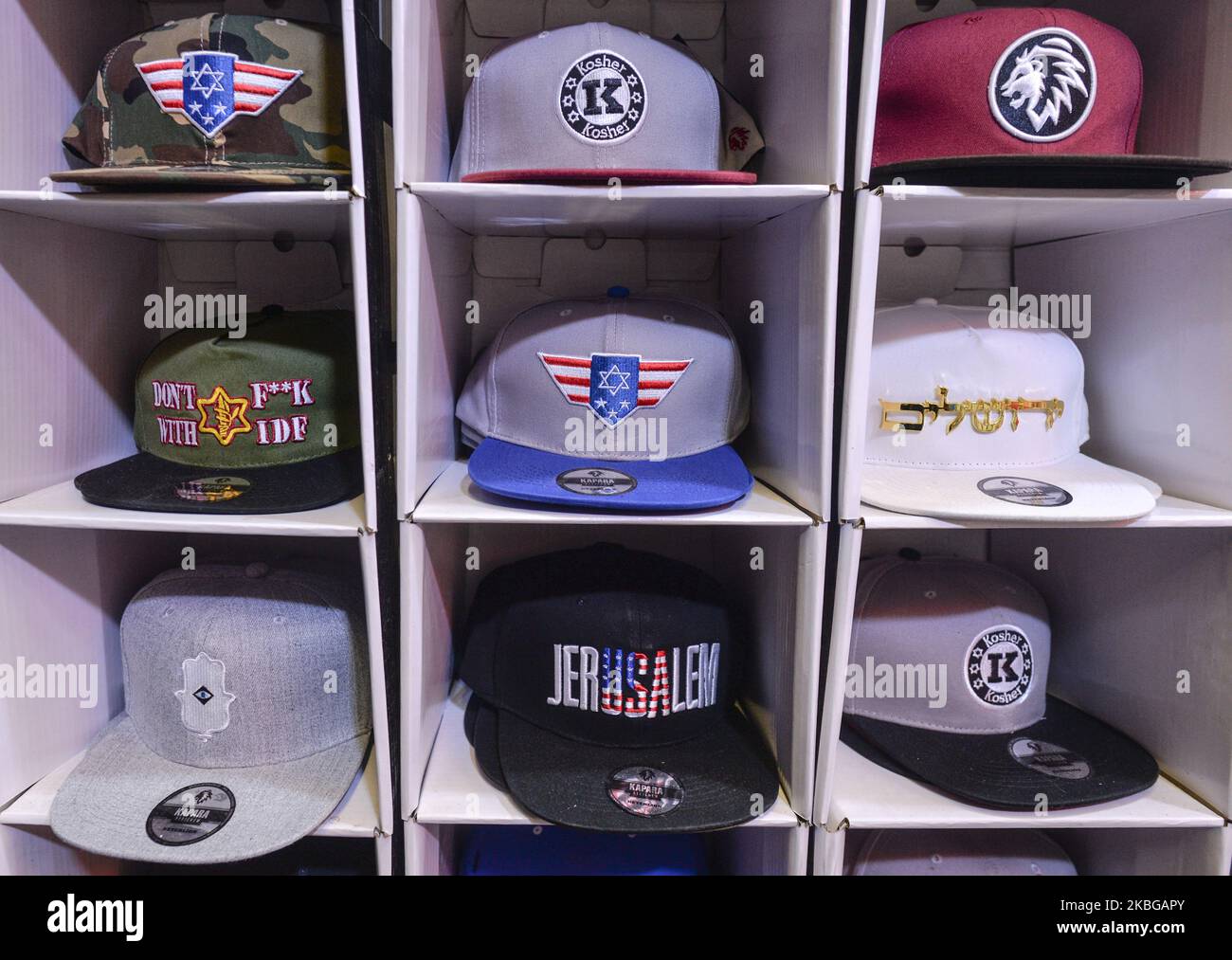 A stand with baseball caps for sale, seen in Jerusalem's Mahane Yehuda ...