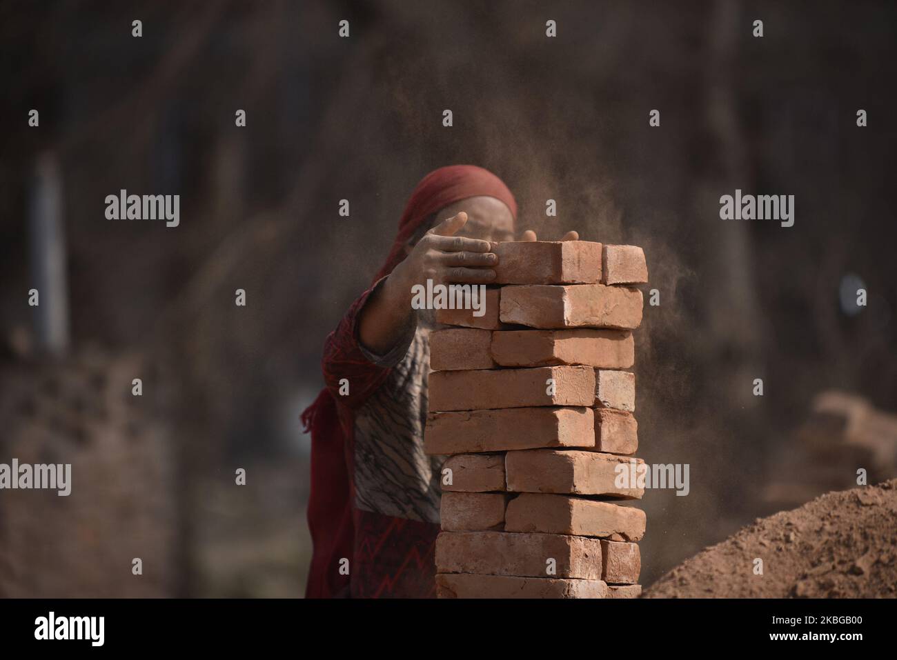 A Migrant Indian labourer stacks bricks to carry at a brick factory in ...
