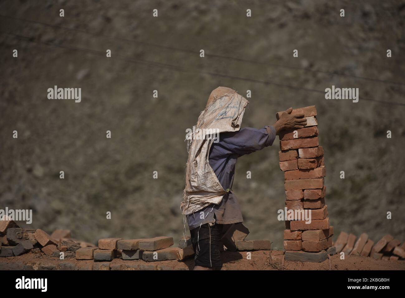 A Migrant Indian labourer stacks bricks to carry at a brick factory in ...