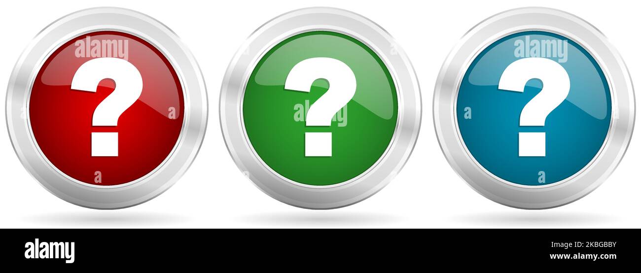 Question mark vector icon set. Red, blue and green silver metallic web buttons with chrome ...