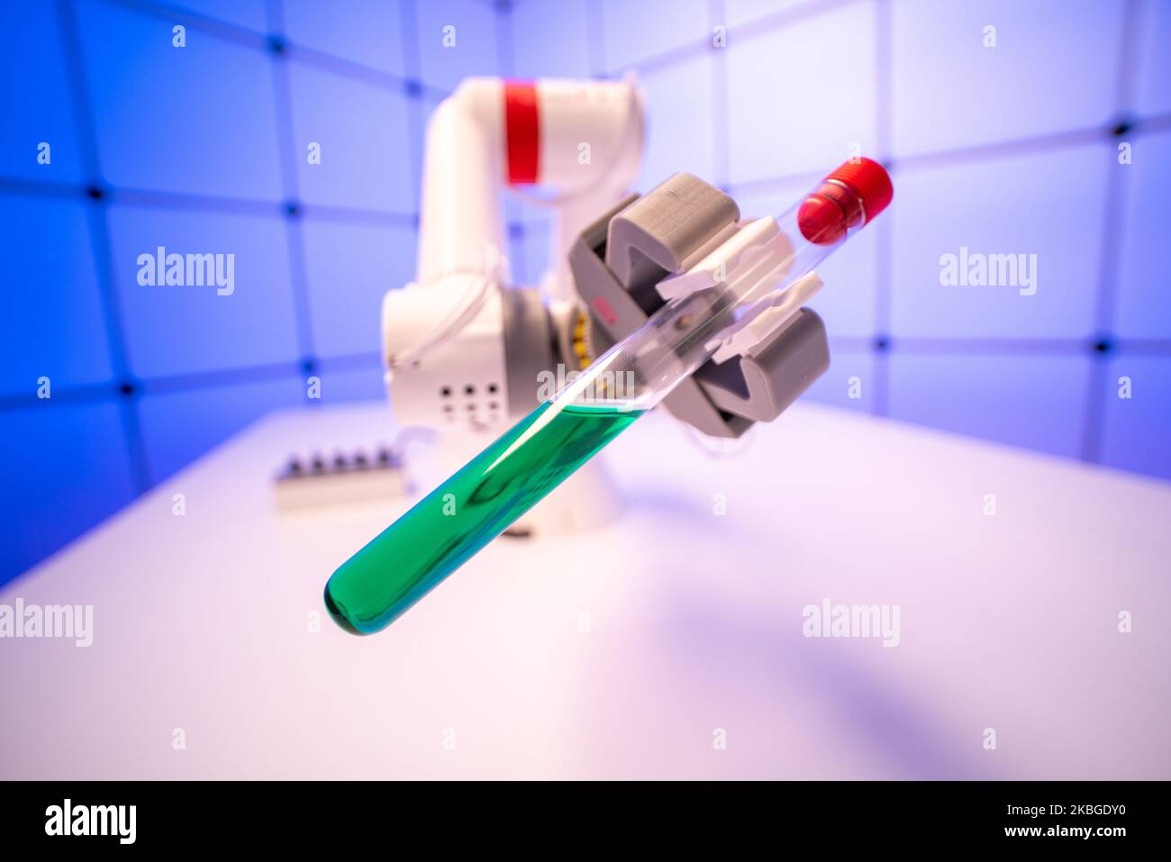 Robot take a test tube with a liquid. Laboratory of poisonous and ...