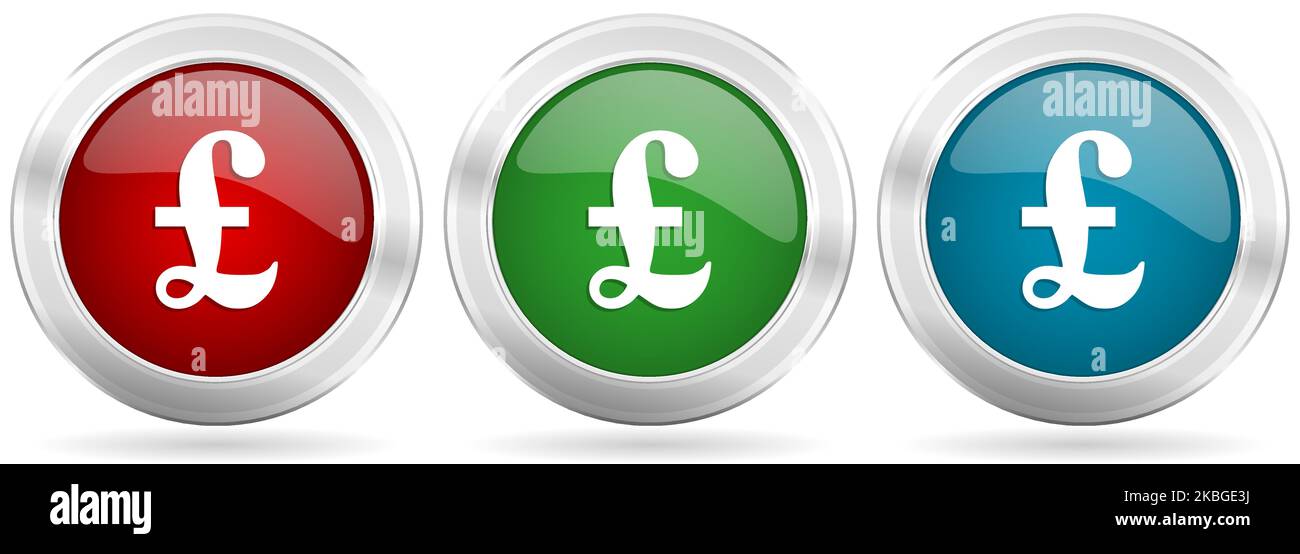 Pound vector icon set. Red, blue and green silver metallic web buttons ...