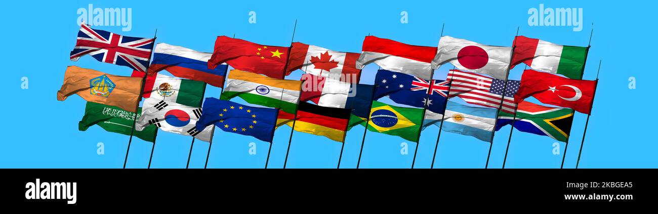 G20 summit or meeting concept. A string of G20 flags and a list of ...