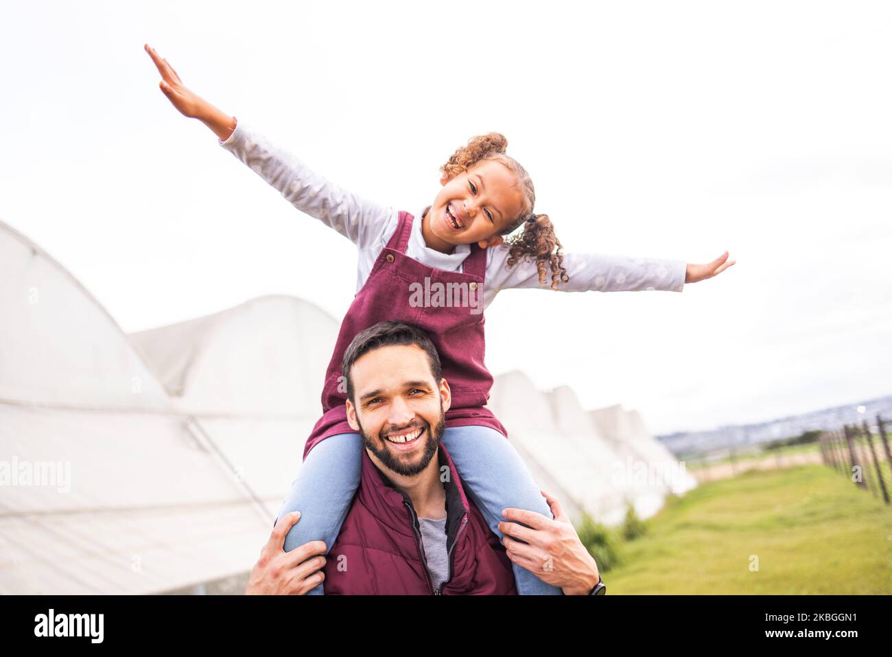Farm, play and portrait of father, child or happy family having fun ...