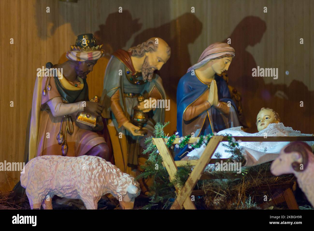 Christmas nativity scene represented with statuettes of Mary, Joseph ...