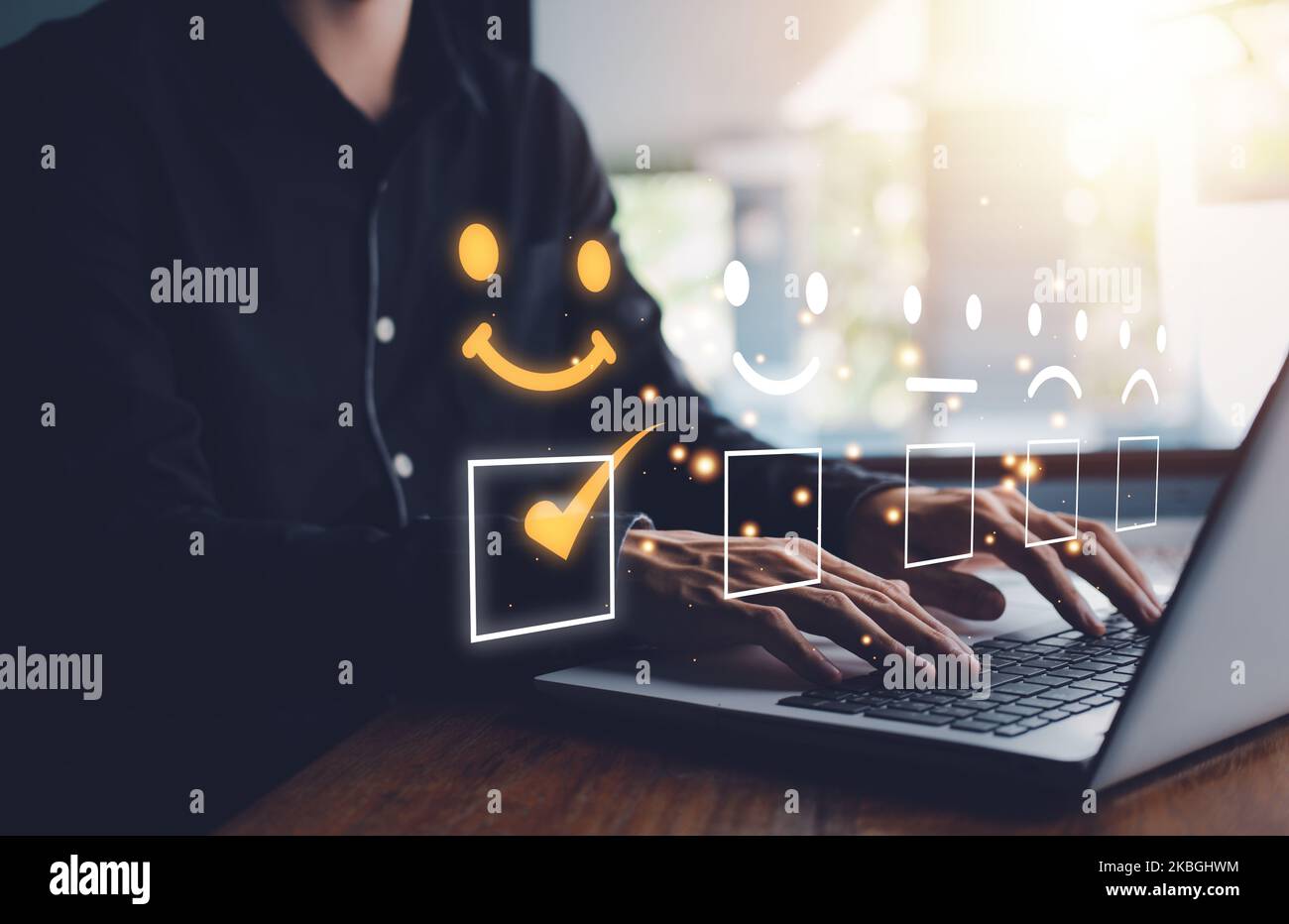 Reviews smile rating with businessman hand typing notebook (Laptop ...