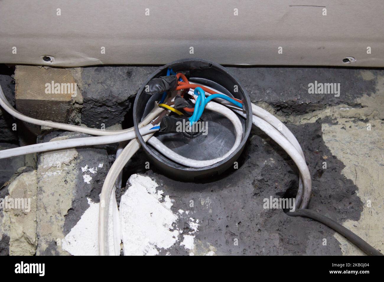 on the wall is an electric distribution box with wires Stock Photo - Alamy