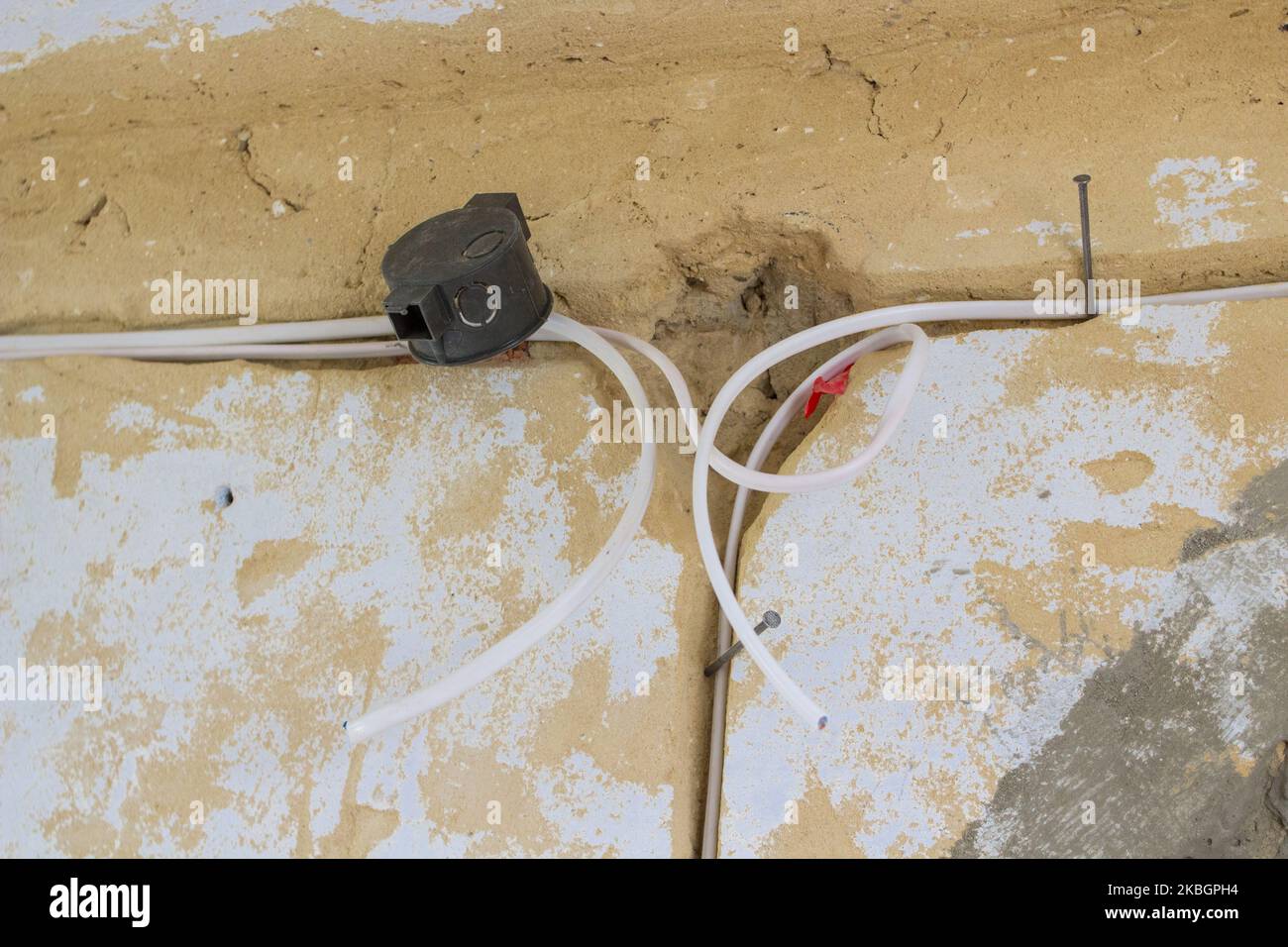 house wall in electric wires assembly electrical wiring in the room ...