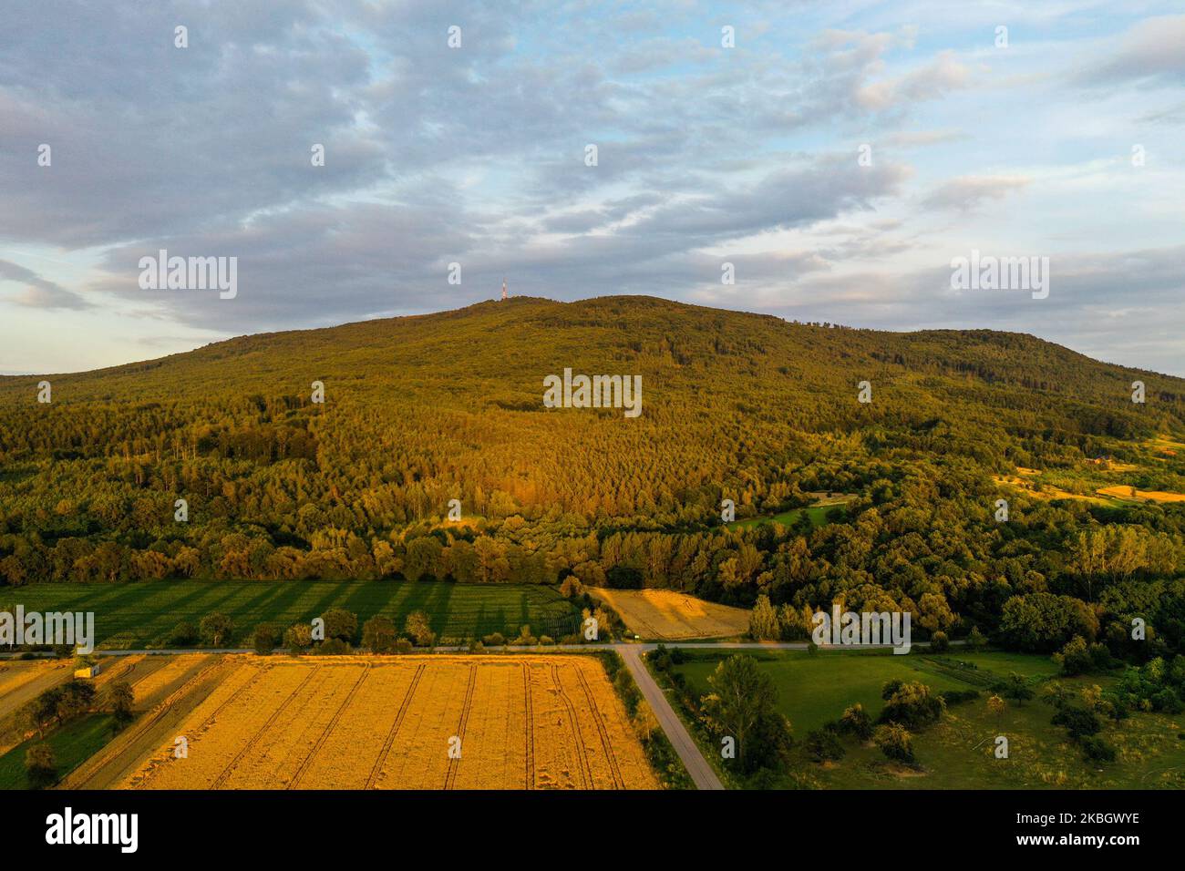 Aerial view of the Sleza mountain in Dolnyslask, Poland, on July 19 ...