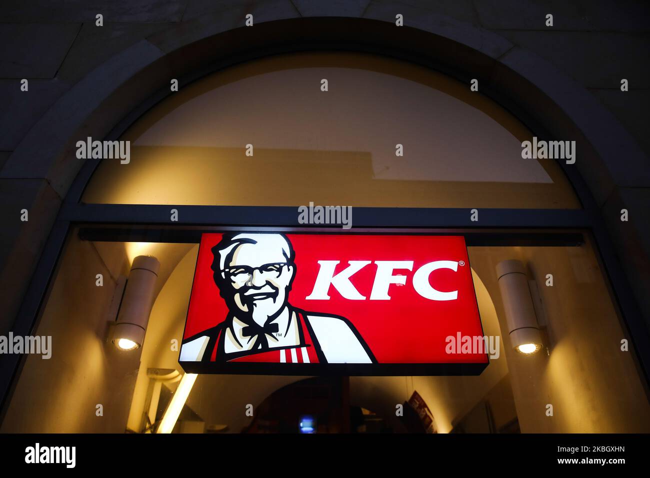 KFC logo is seen on the restaurant in Krakow, Poland on February 9 ...