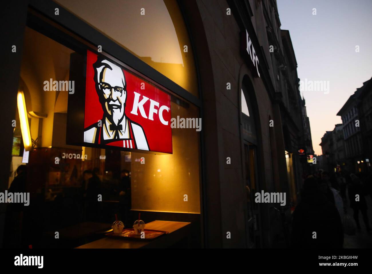 KFC logo is seen on the restaurant in Krakow, Poland on February 9 ...