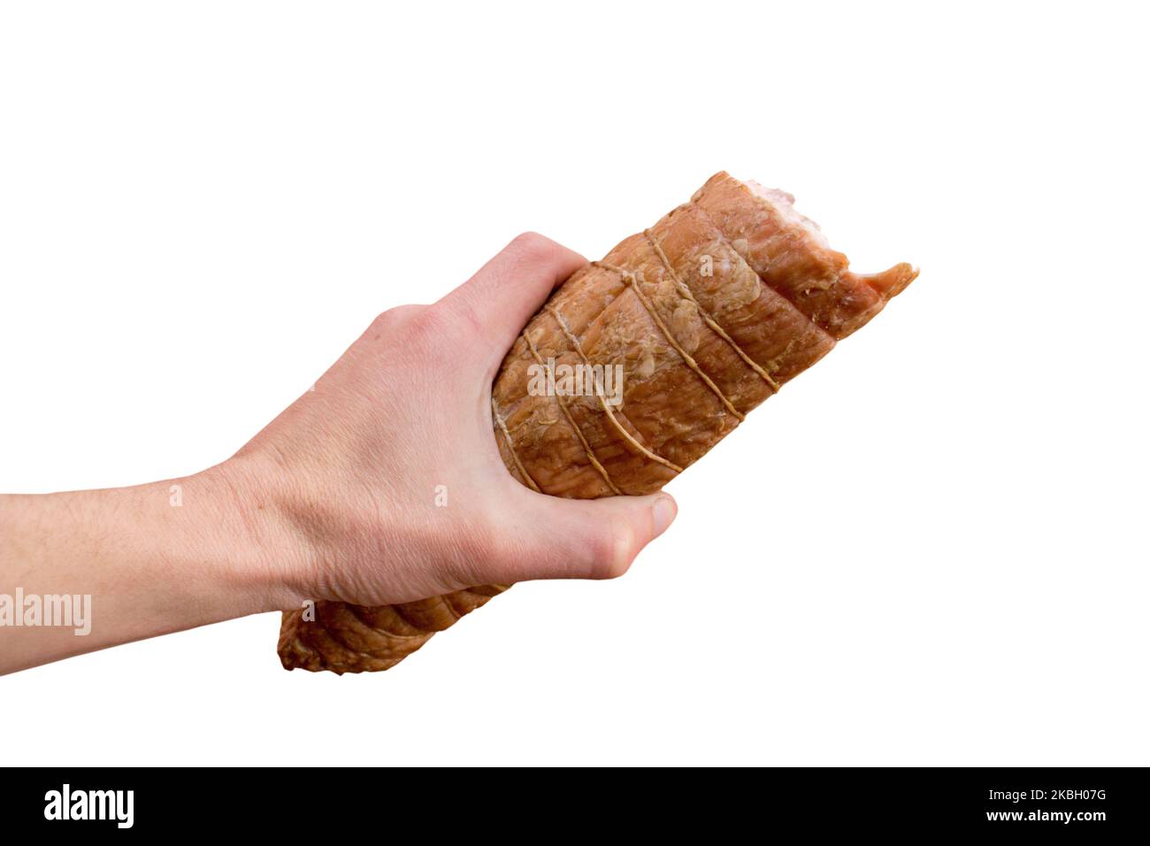 man holds a juicy ham in hands on a white background Stock Photo - Alamy