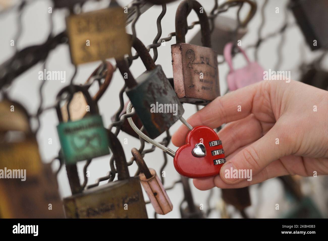 A heart-shaped 'love lock' seen on Father Bernatek Footbridge seen on ...