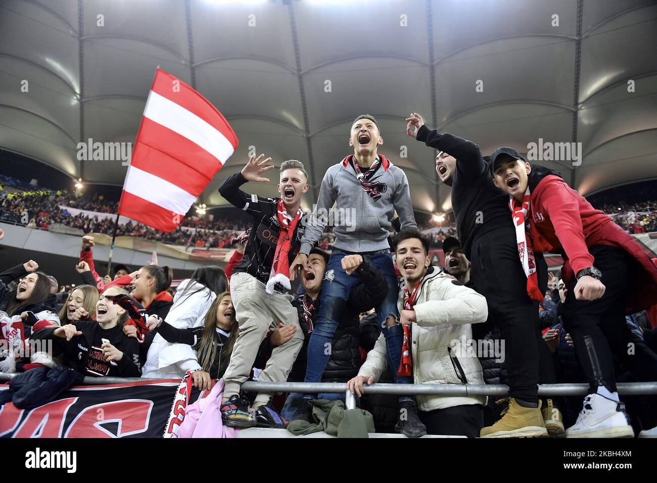 Fans of Dinamo Bucharest in action during the game during the match ...