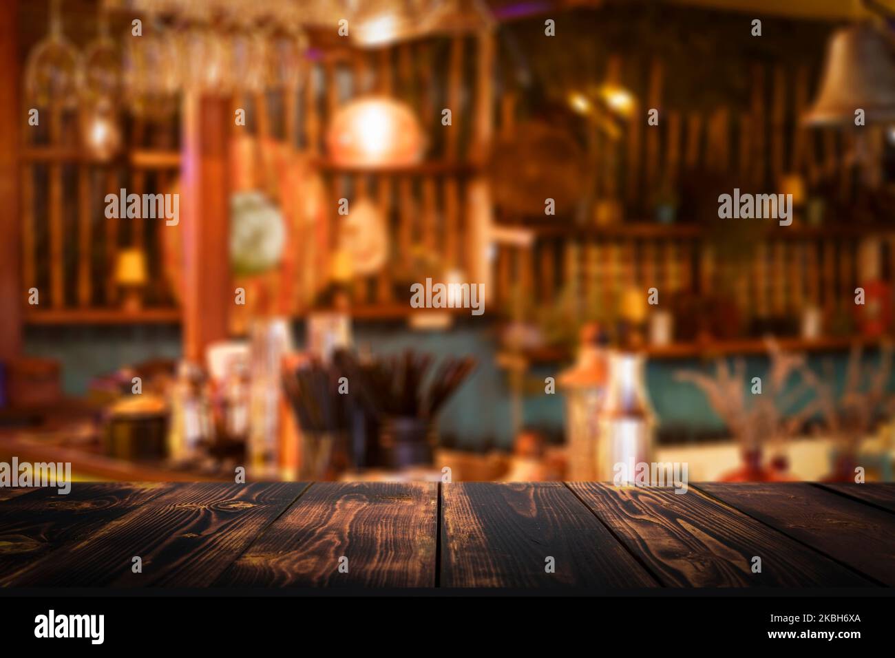 Restaurant bar table background. Blurred interior cafe restaurant with ...