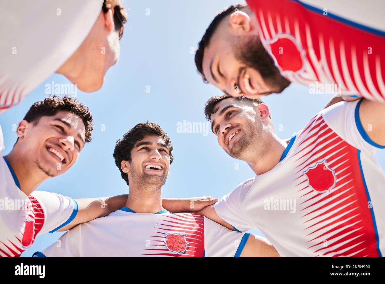 team Sports, soccer and circle of men together for collaboration ...