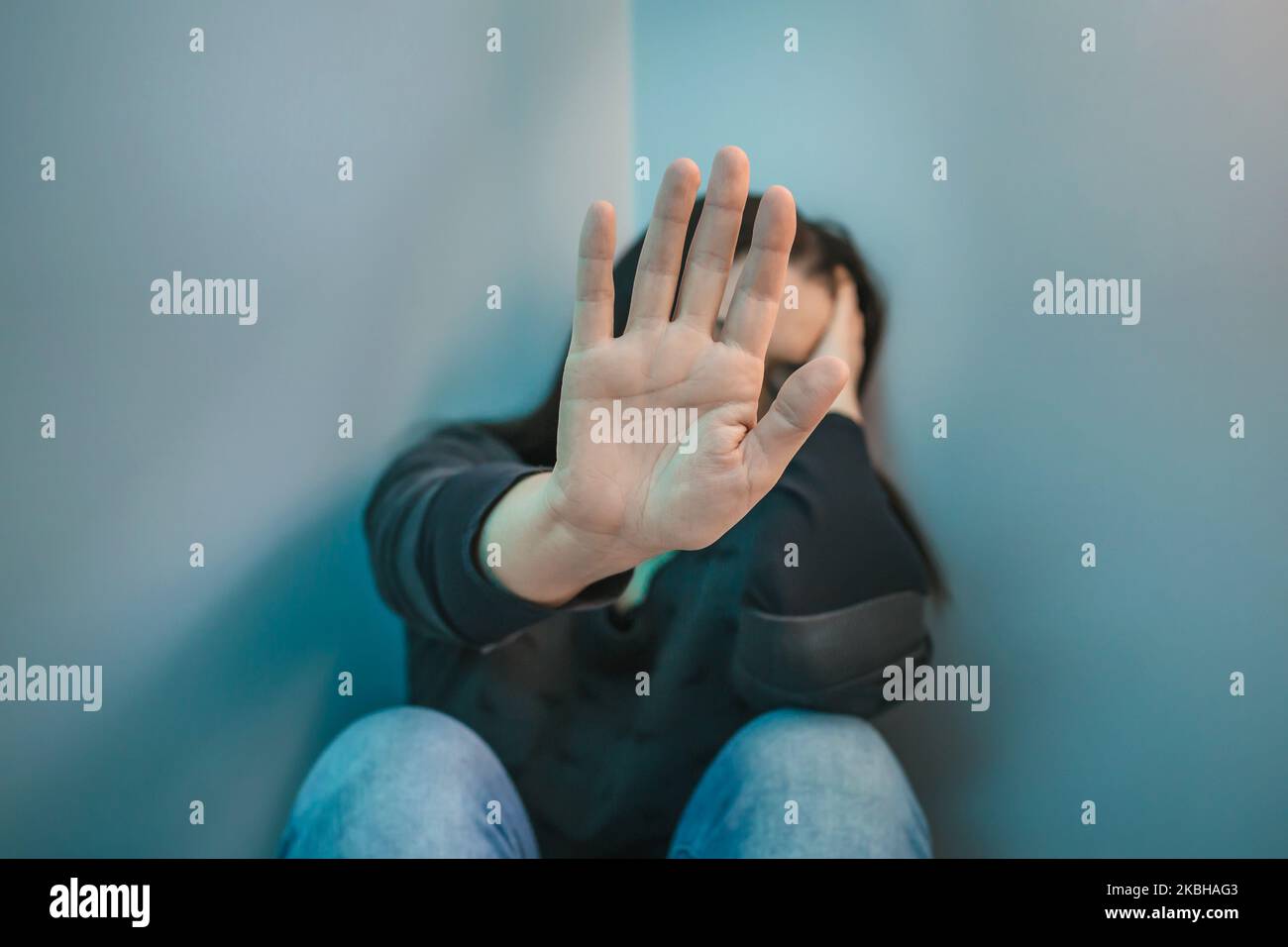 Unrecognizable woman with mental health problems refusing help with ...