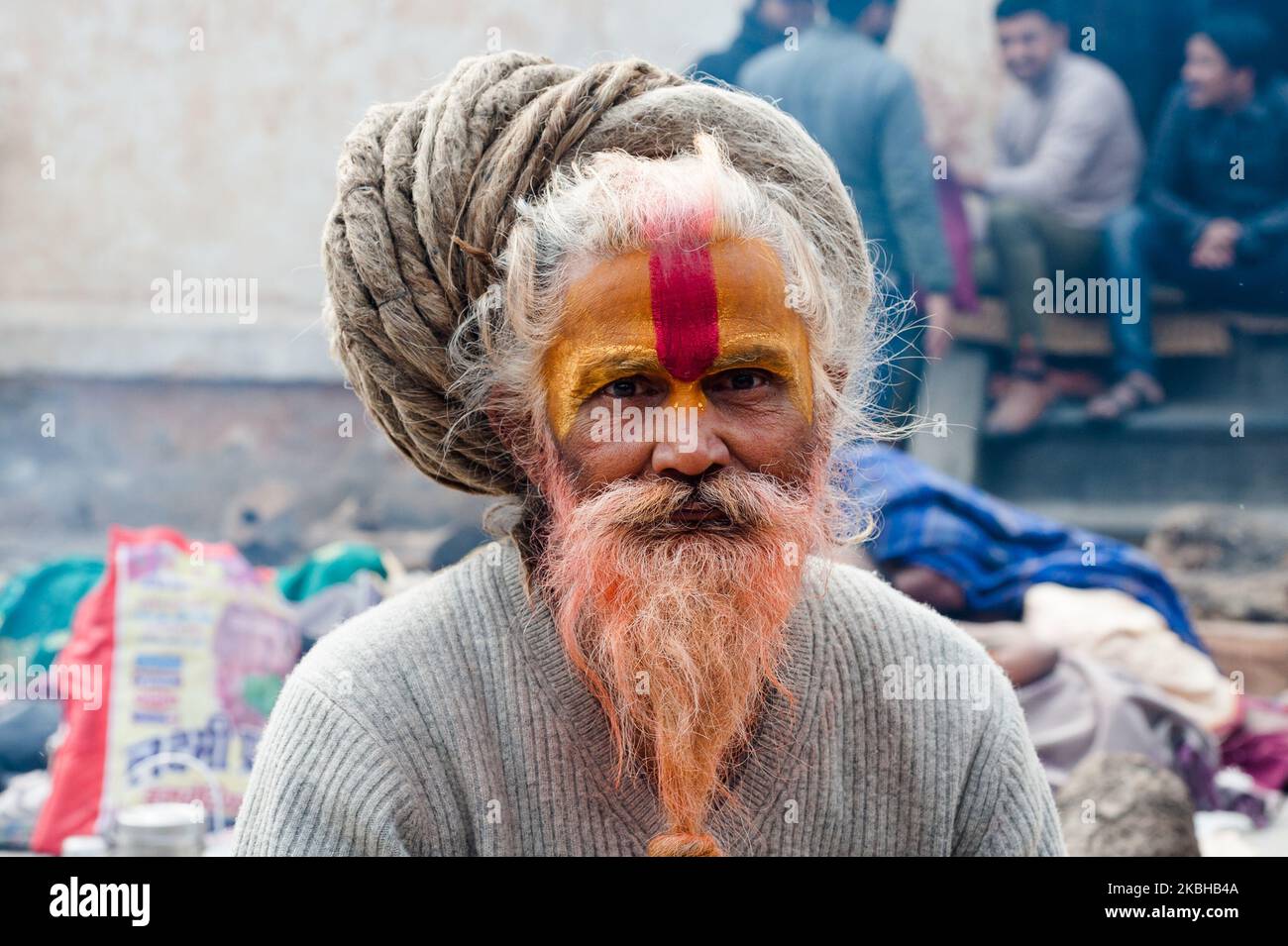 Hindu holy man (sadhu) with a painted face pictured at the ...