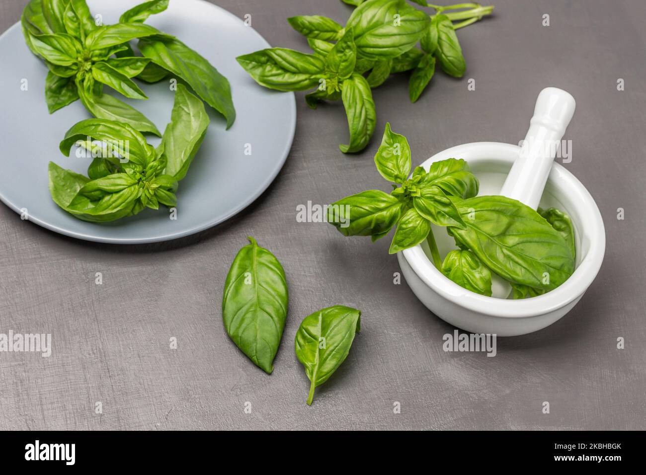 Sprigs of green basil in a mortar and on a plate. Top view. Grey ...