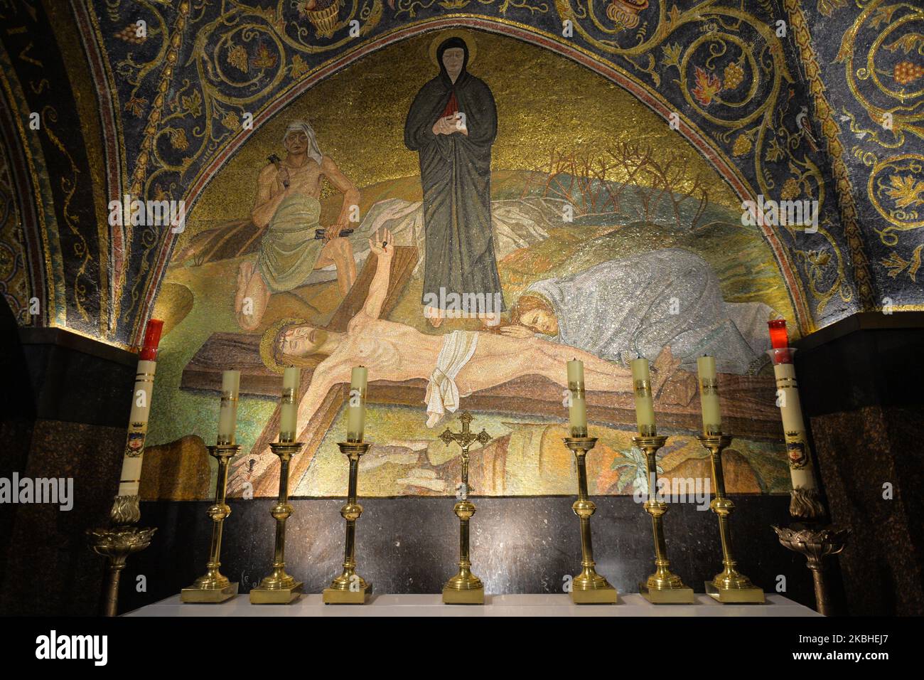 A painting representing Crucifixion of Jesus seen at Golgotha site ...