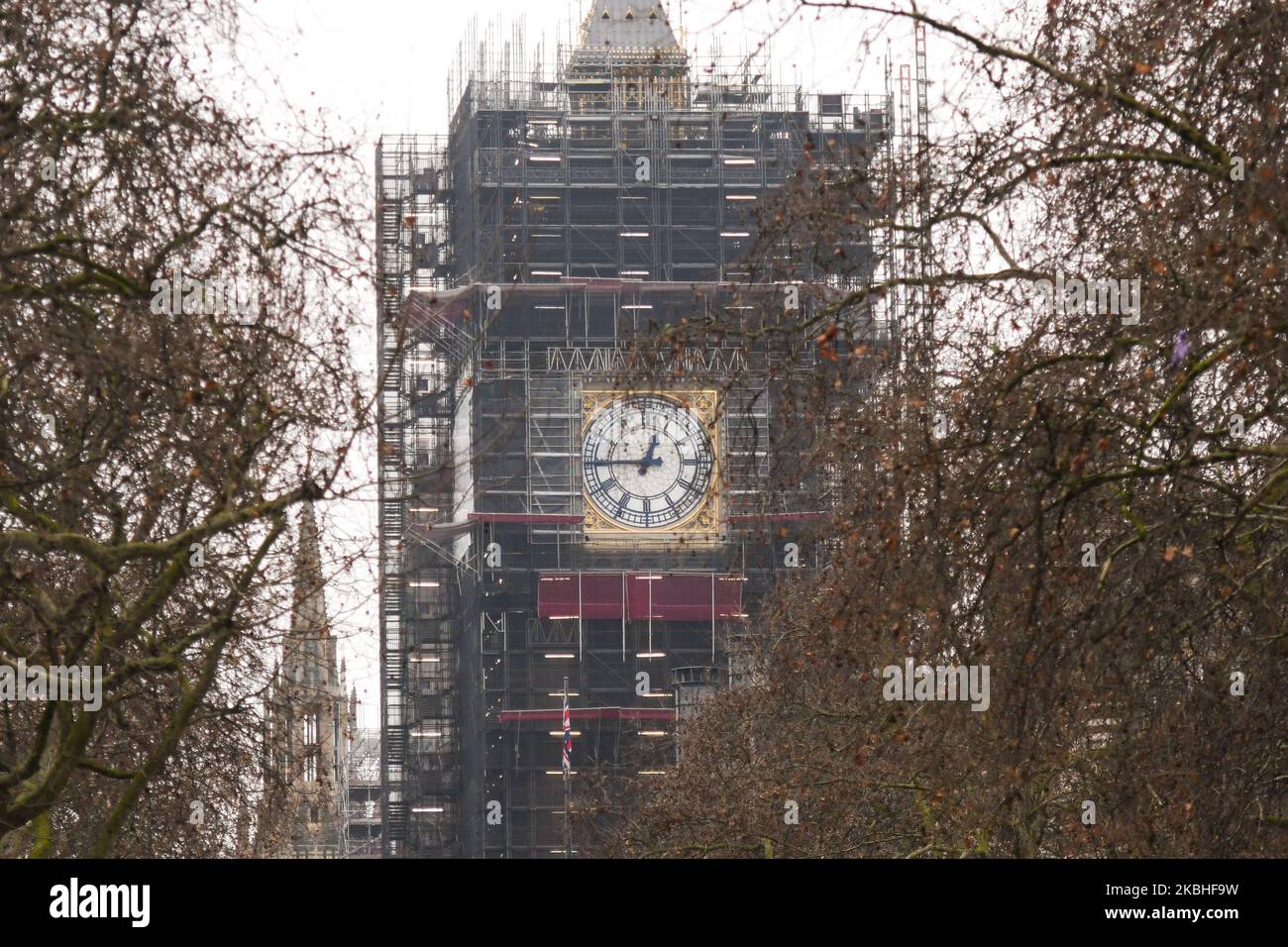 A view of Big Ben covered in scaffolding, the massive bell which ...