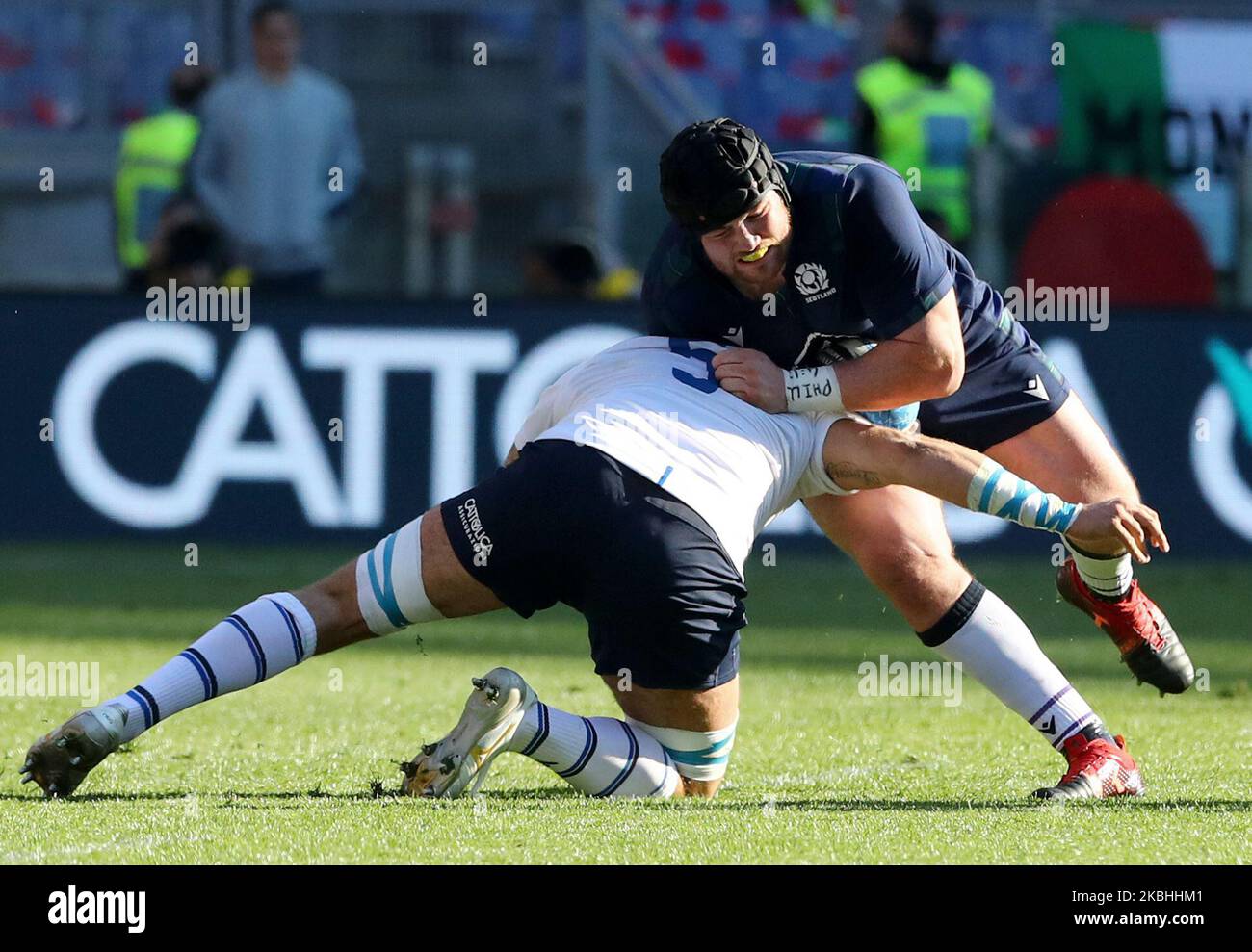 Niccolo Cannone of Italy tackles on Zander Fagerson of Scotland during ...
