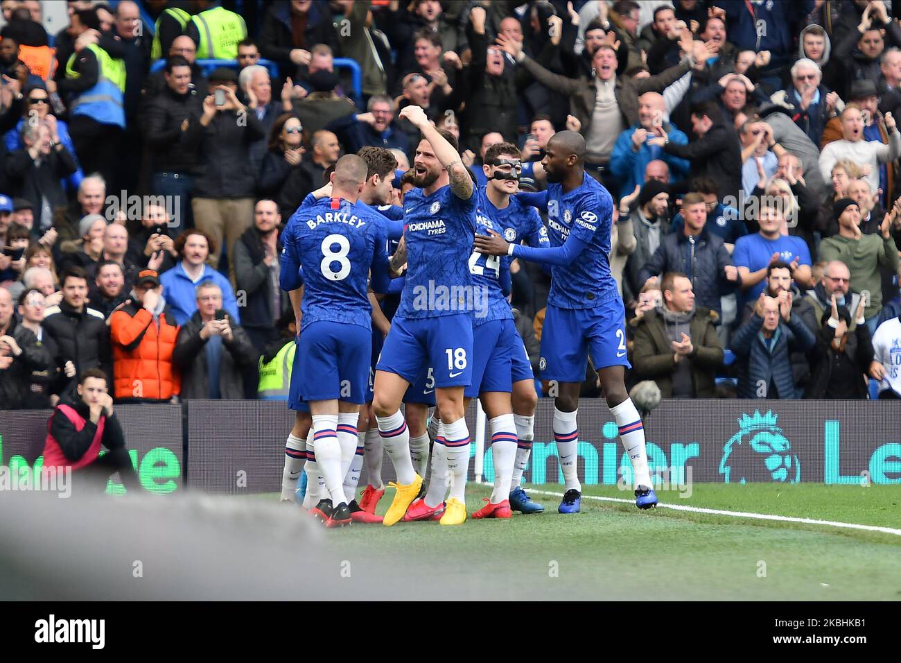 Chelsea players celebrating the team's second goal during the Premier ...