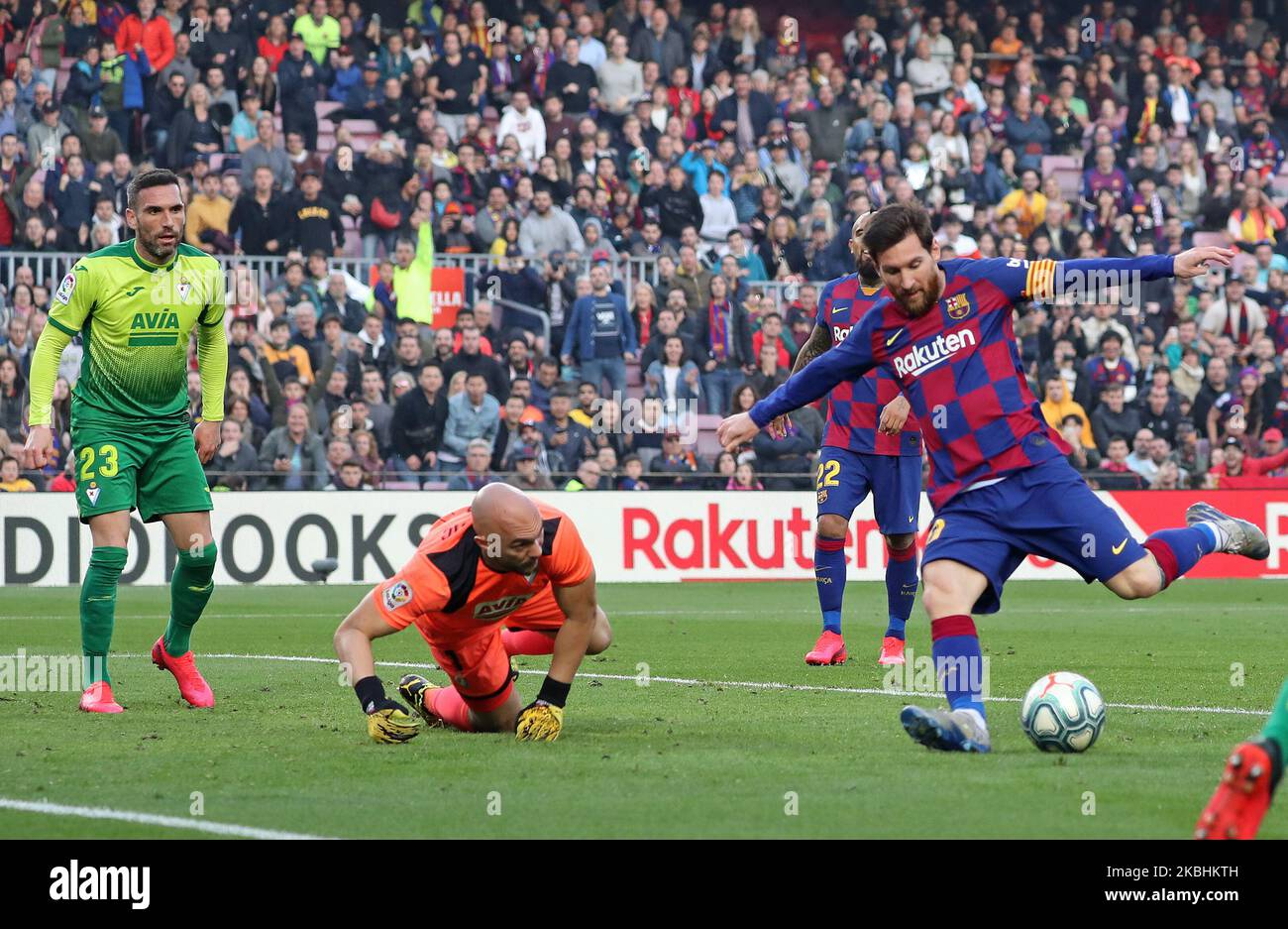 Leo Messi scores during the match between FC Barcelona and SD Eibar ...