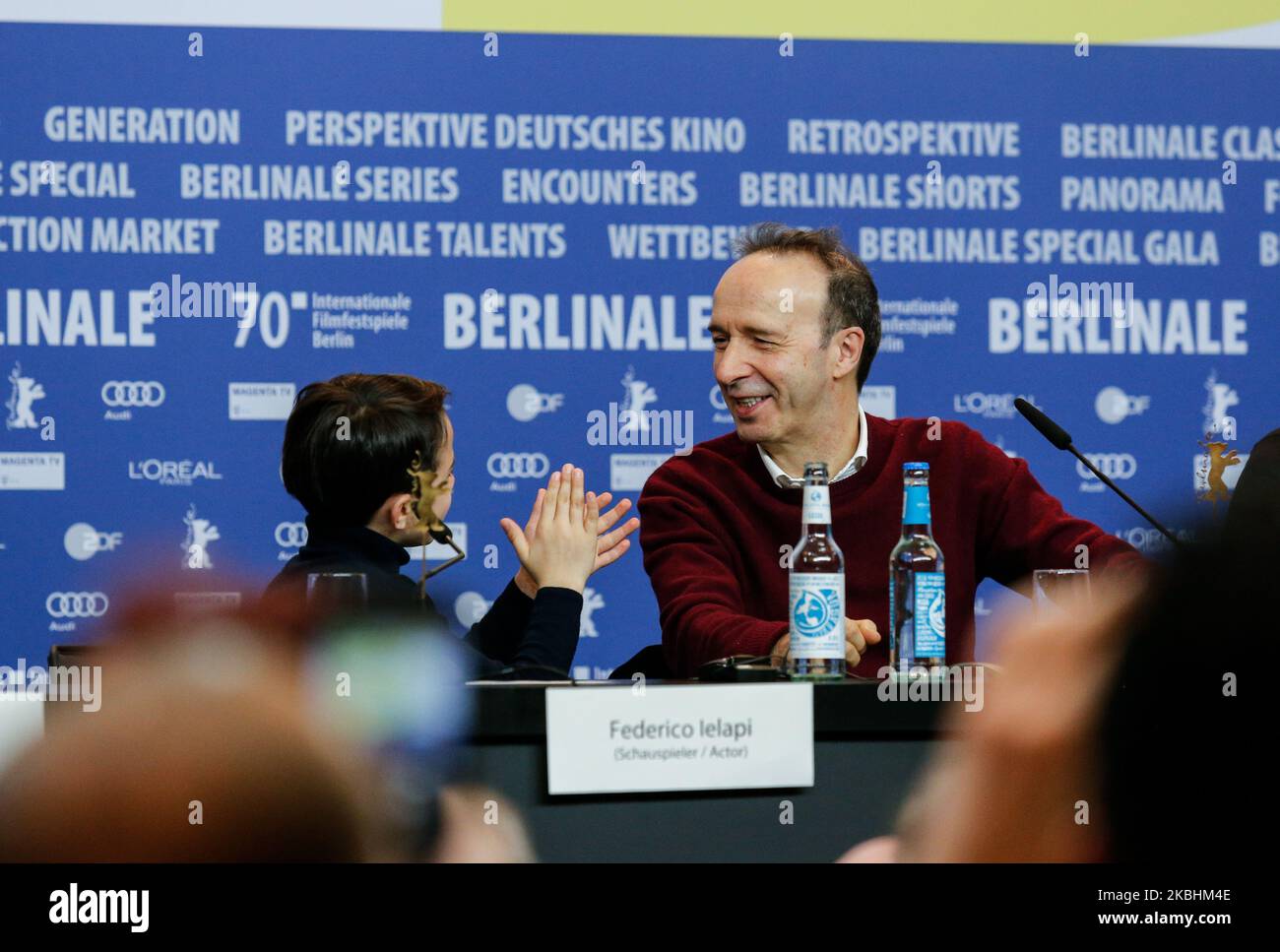 Actors Federico Ielapi and Roberto Benigni attend "Pinocchio" press ...