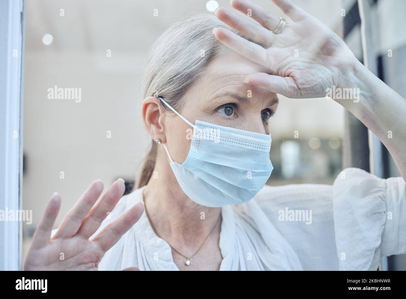 Lonely, senior woman in covid quarantine for prevention, protection and ...