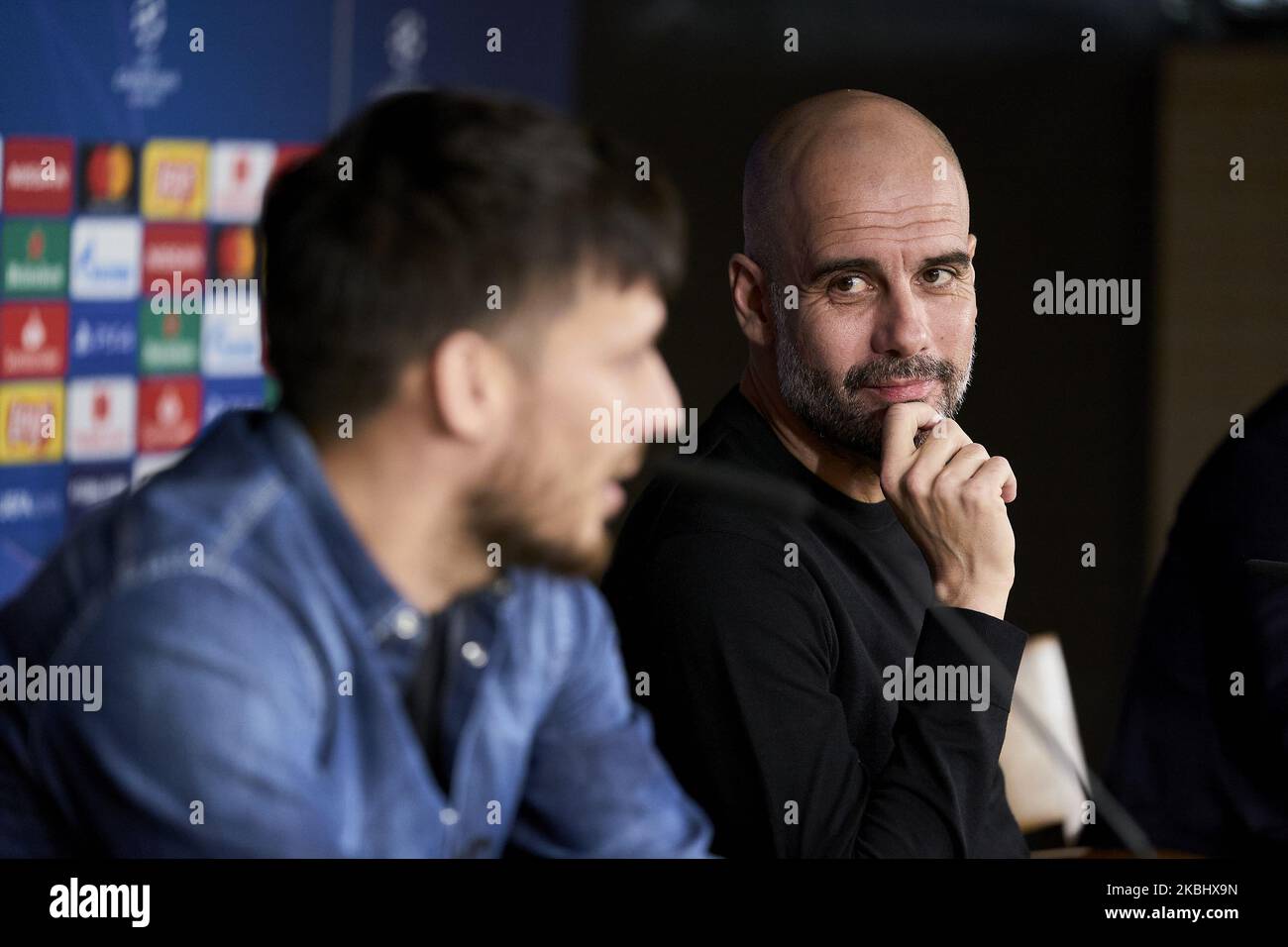 Pep Guardiola attends to Manchester City Press Conference at Santiago ...