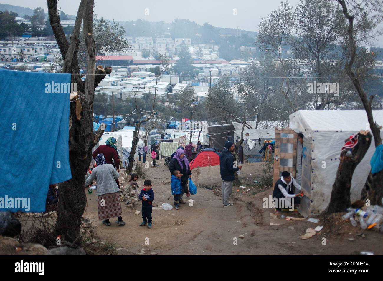 General view of everyday life in Moria. Handmade tents on the hills of ...