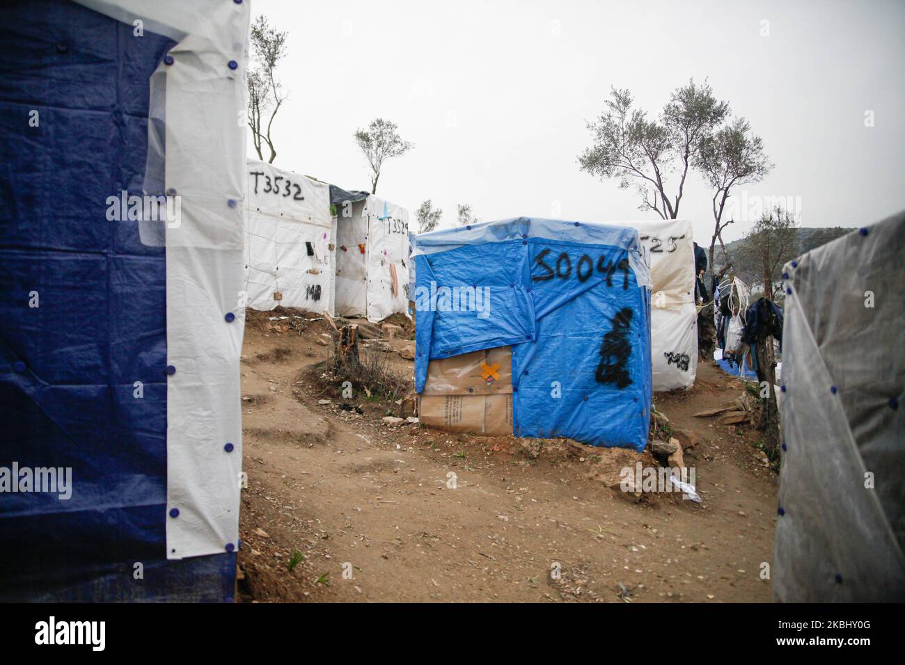 General view of everyday life in Moria. Handmade tents on the hills of ...