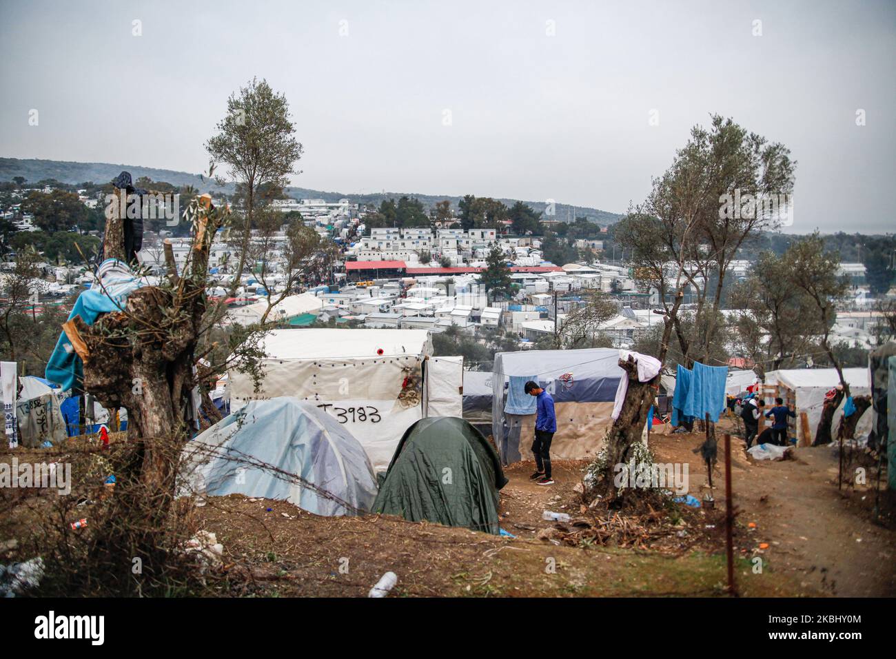 General view of everyday life in Moria. Handmade tents on the hills of ...