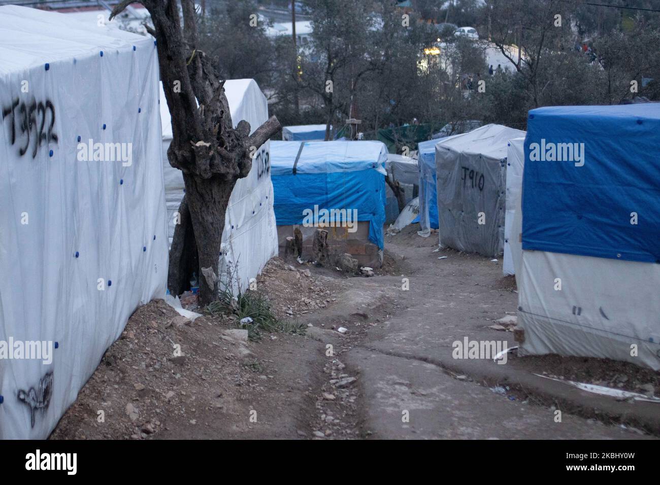 General view of everyday life in Moria. Handmade tents on the hills of ...
