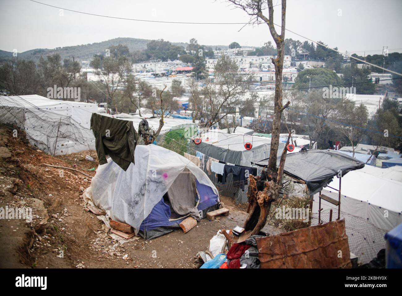 General view of everyday life in Moria. Handmade tents on the hills of ...
