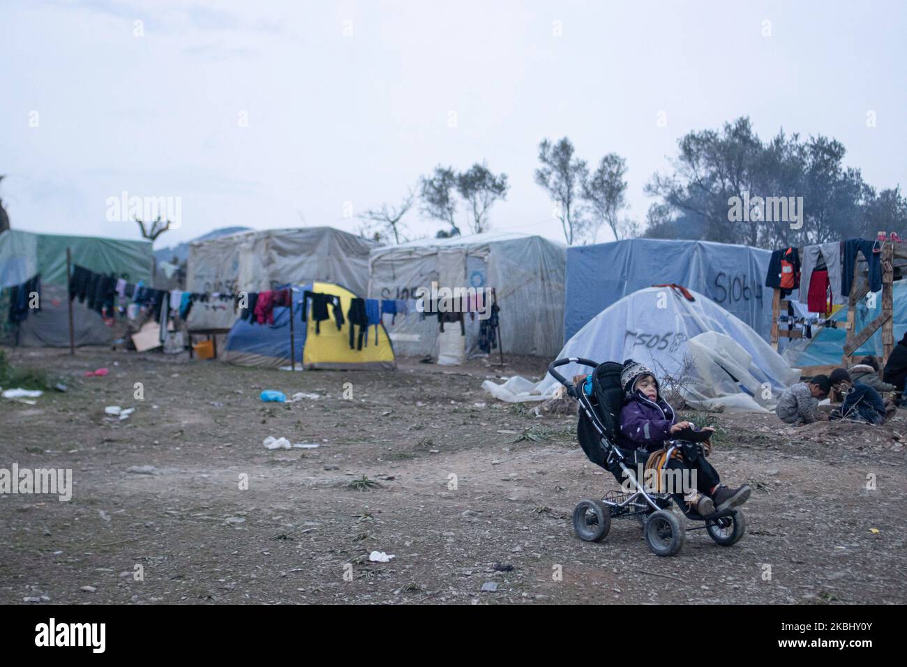 General view of everyday life in Moria. Handmade tents on the hills of ...