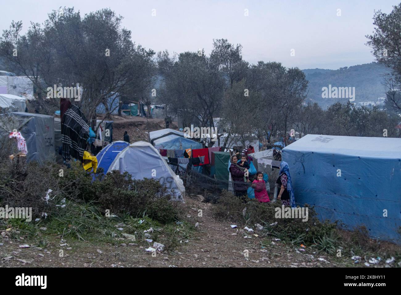General view of everyday life in Moria. Handmade tents on the hills of ...