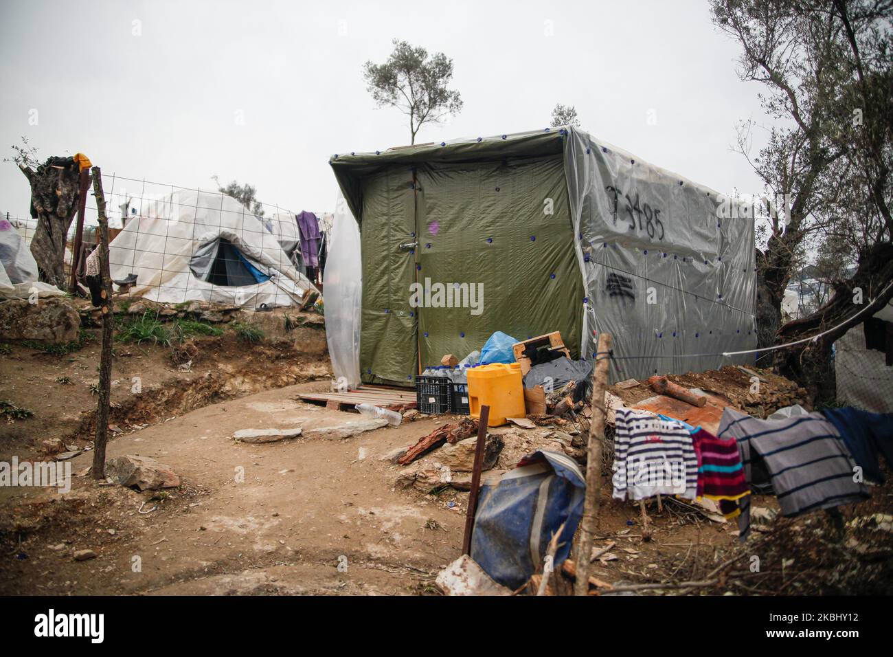 General view of everyday life in Moria. Handmade tents on the hills of ...