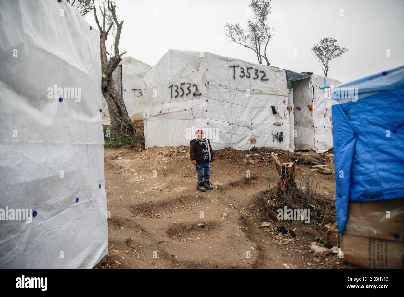 General view of everyday life in Moria. Handmade tents on the hills of ...
