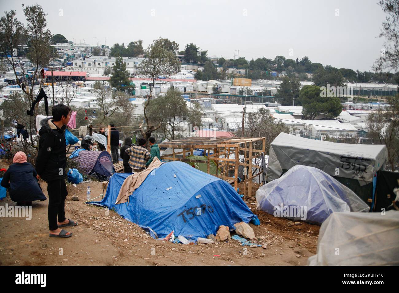 General view of everyday life in Moria. Handmade tents on the hills of ...